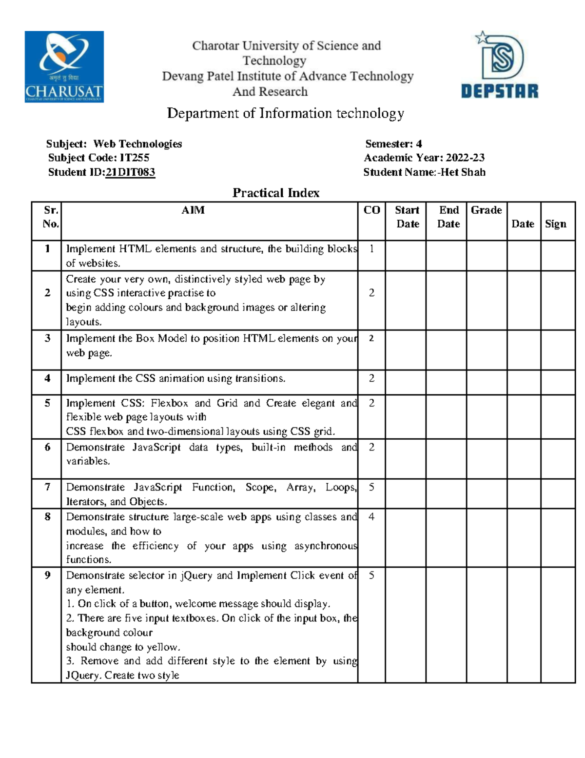 WT Index - Department of Information technology Subject: Web ...