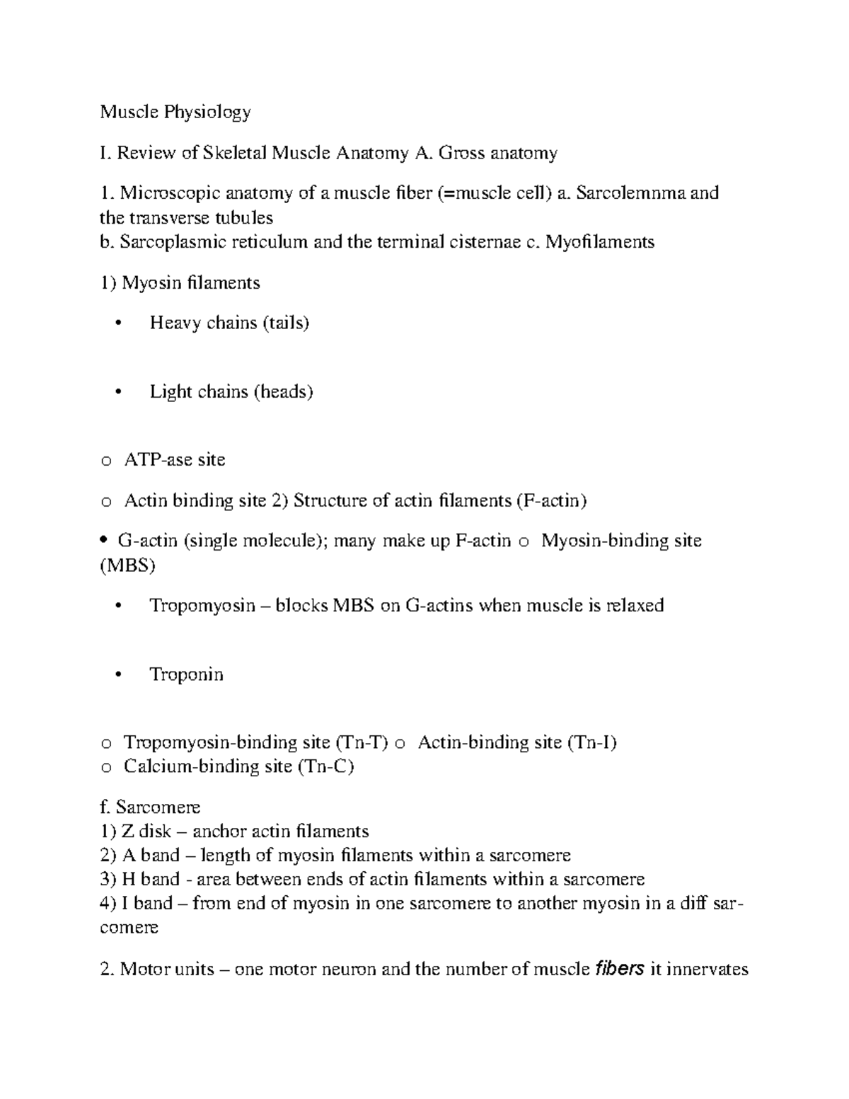 Muscle Physiology LN - Lecture notes 14 - Muscle Physiology I. Review ...