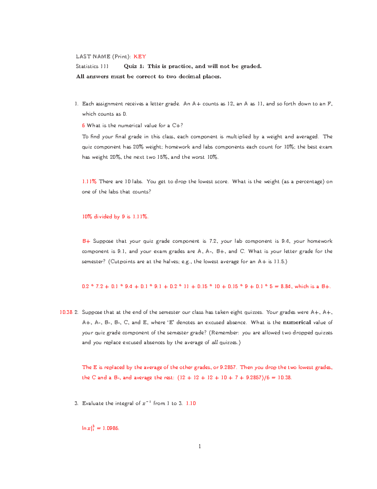 Seminar assignments - Answer keys quiz 1-18 - LAST NAME (Print):KEY ...