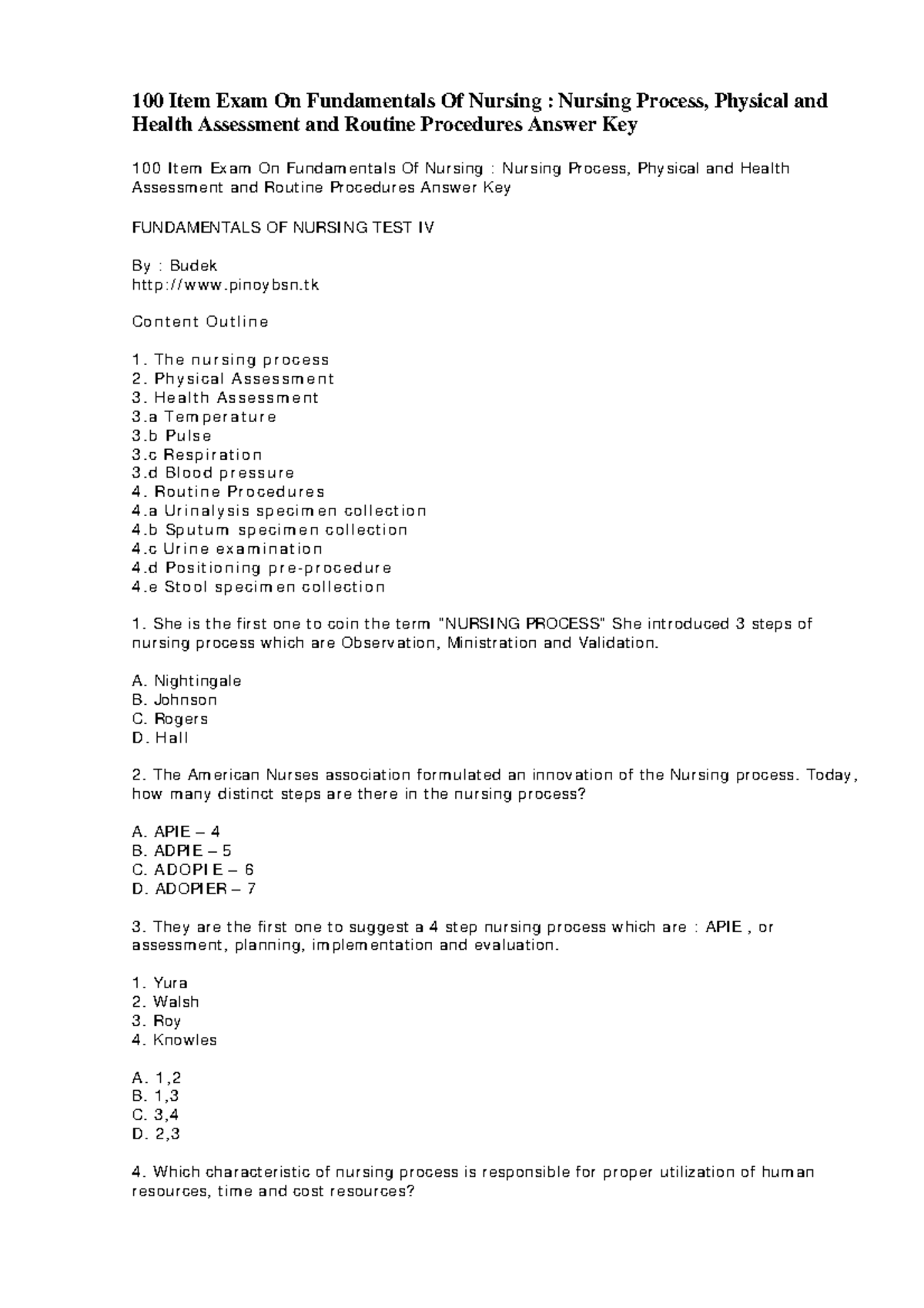 100 Item Exam On Fundamentals Of Nursing Keys - a Te m pe r a t u r e 3 ...