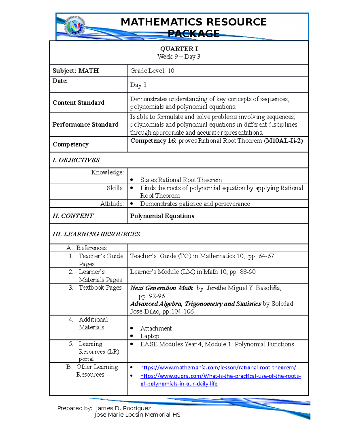 Math 10 DLP (Week 9 Day 3) - PACKAGE QUARTER I Week 9 – Day 3 Subject ...