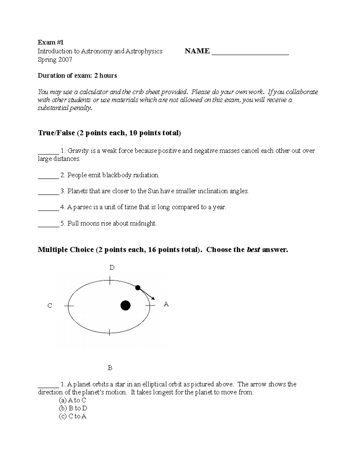 Exam1 - Back exam - Exam # Introduction to Astronomy and Astrophysics ...