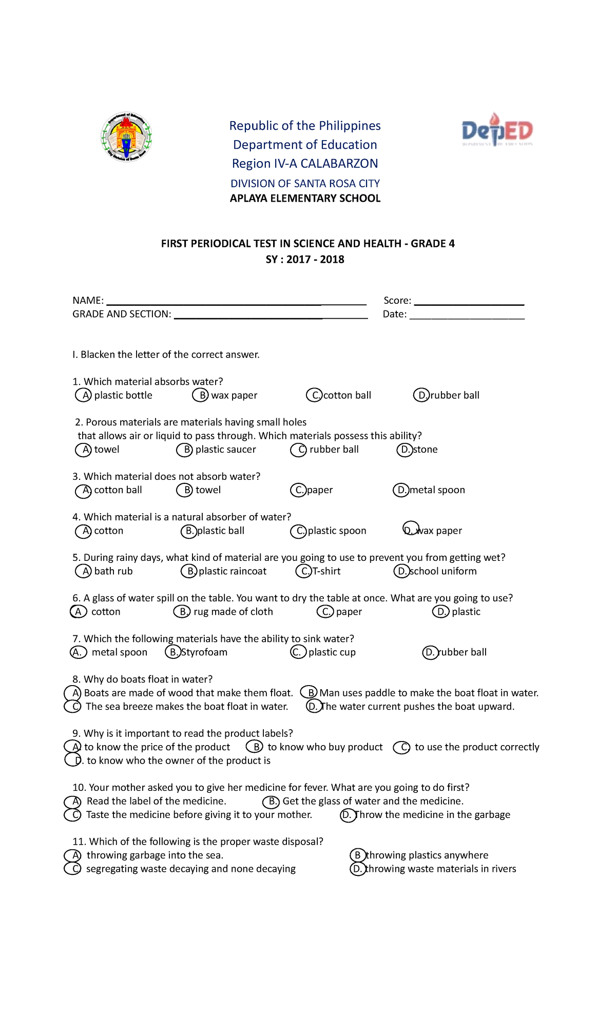 PT Science 4 Q1 - Periodical Test - Republic of the Philippines ...