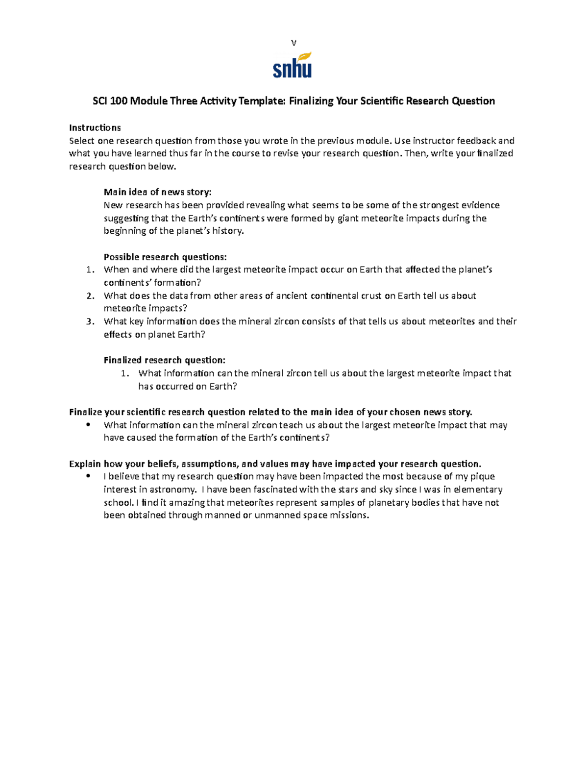 SCI 100 Module Three Activity Template - Use instructor feedback and ...