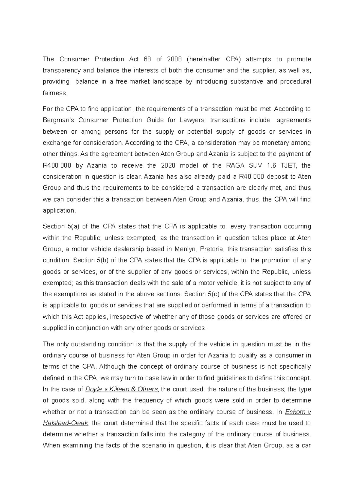 Example Essay VBB 85 percent - The Consumer Protection Act 68 of 2008 ...