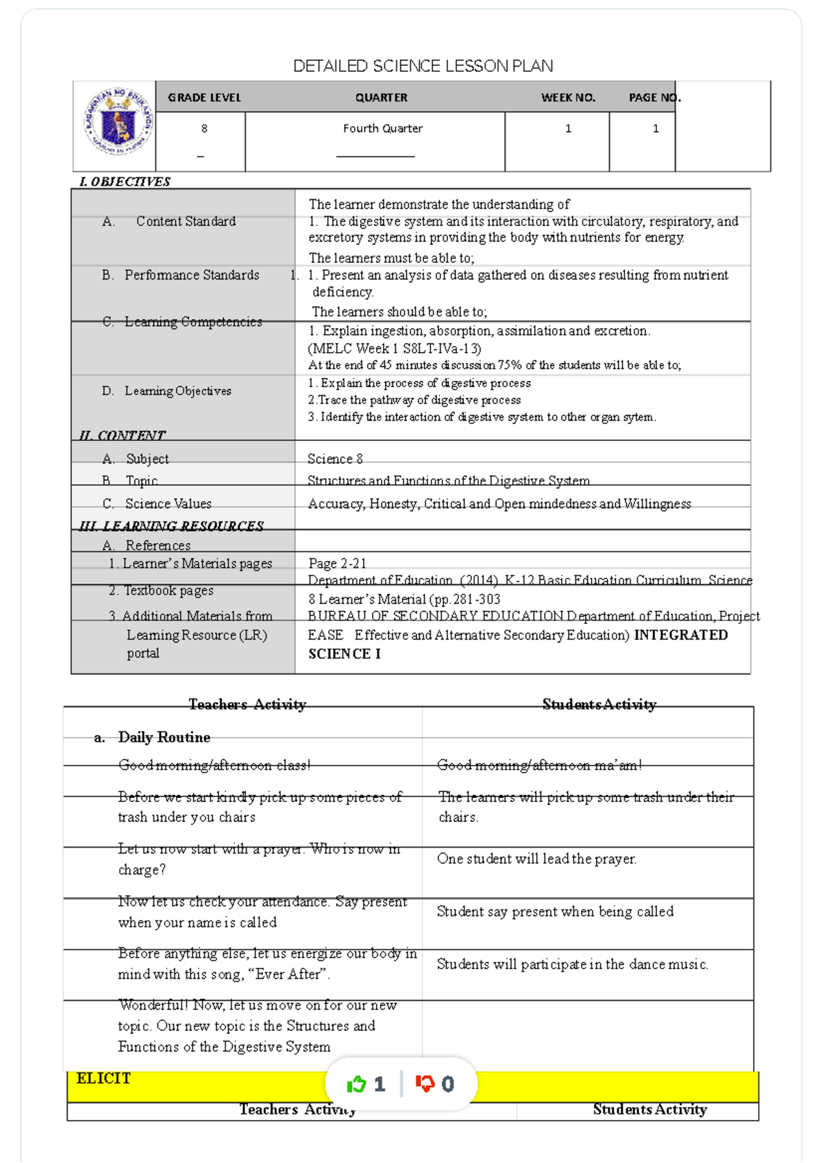 Dlstudocu - DETAILED SCIENCE LESSON PLAN GRADE LEVEL 8 QUARTER Fourth ...