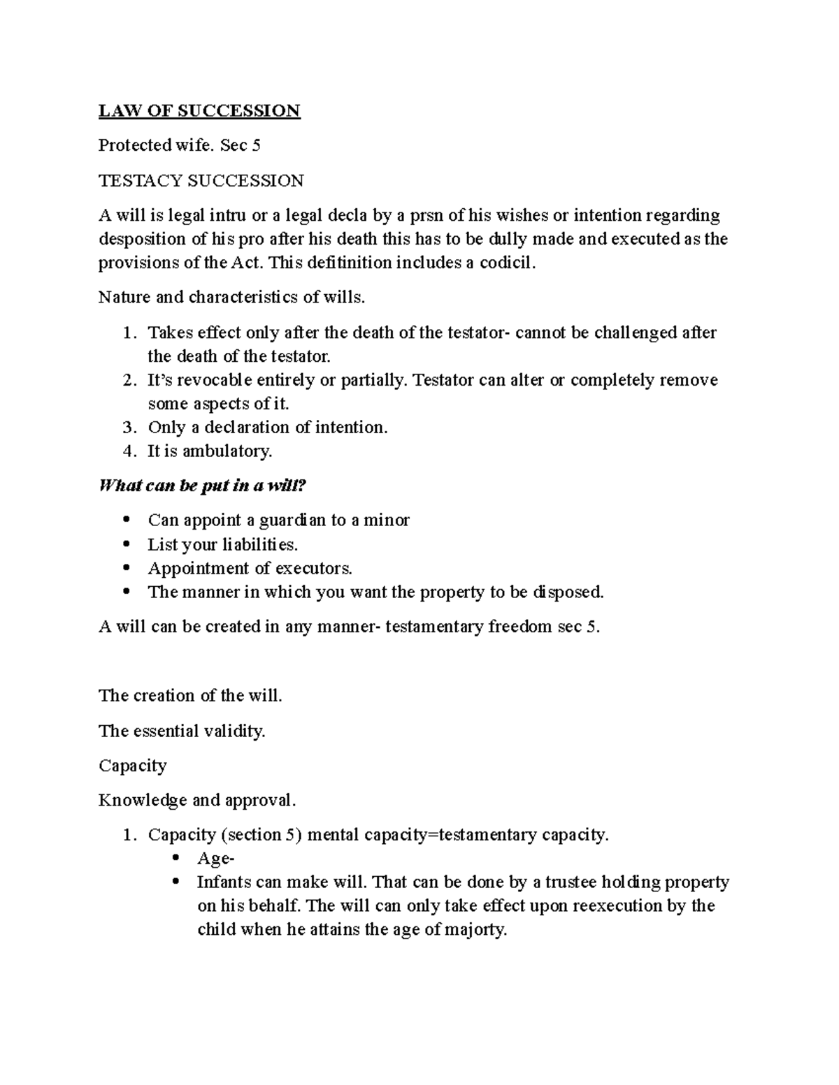 LAW OF Succession - Lecture notes 1 - LAW OF SUCCESSION Protected wife ...