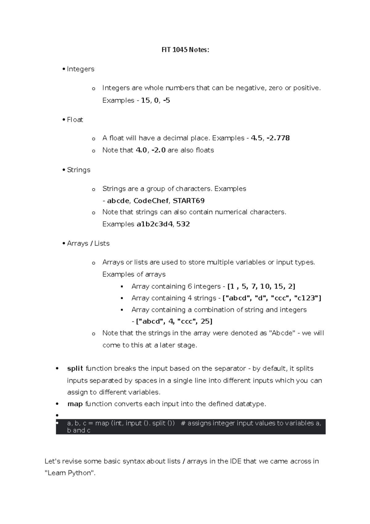 FIT 1045 Notes - CS-101 - Monash - Studocu