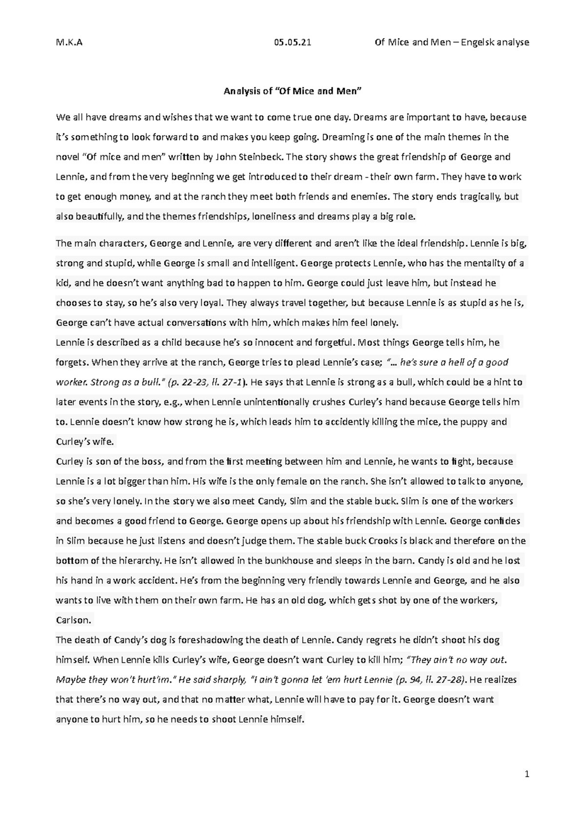 Engelsk - Analysis of Of mice and men - M.K 05.05 Of Mice and Men ...