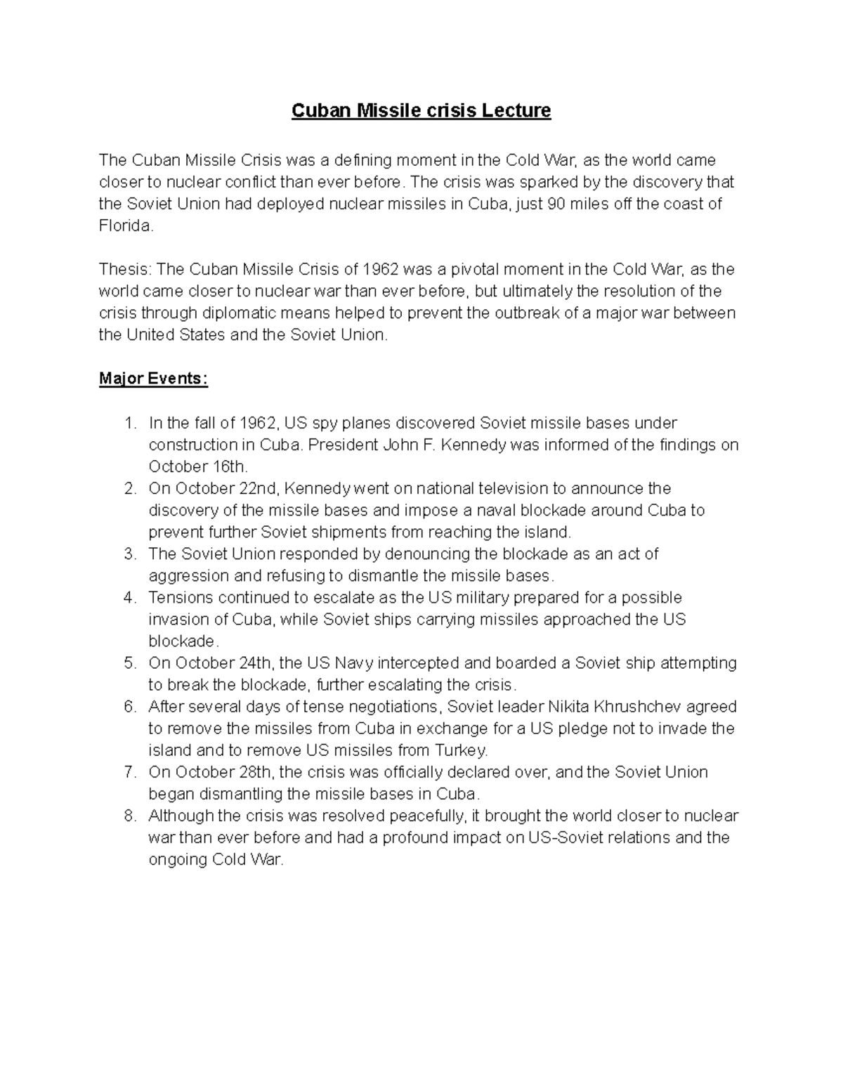 Cuban Missile crisis lecture notes - Cuban Missile crisis Lecture The ...