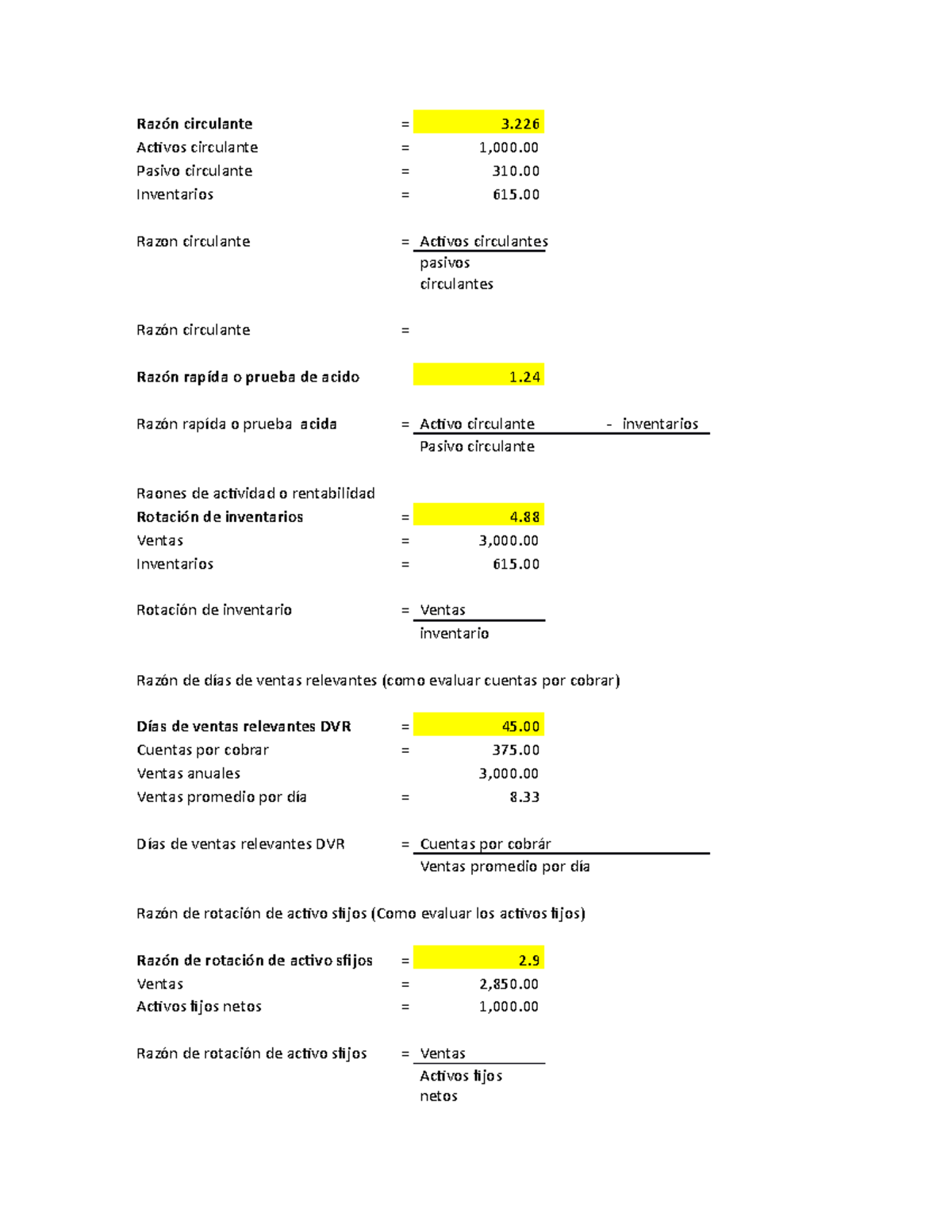 Formulas para la resolución del ejercicio de Razón circulante - Razón ...