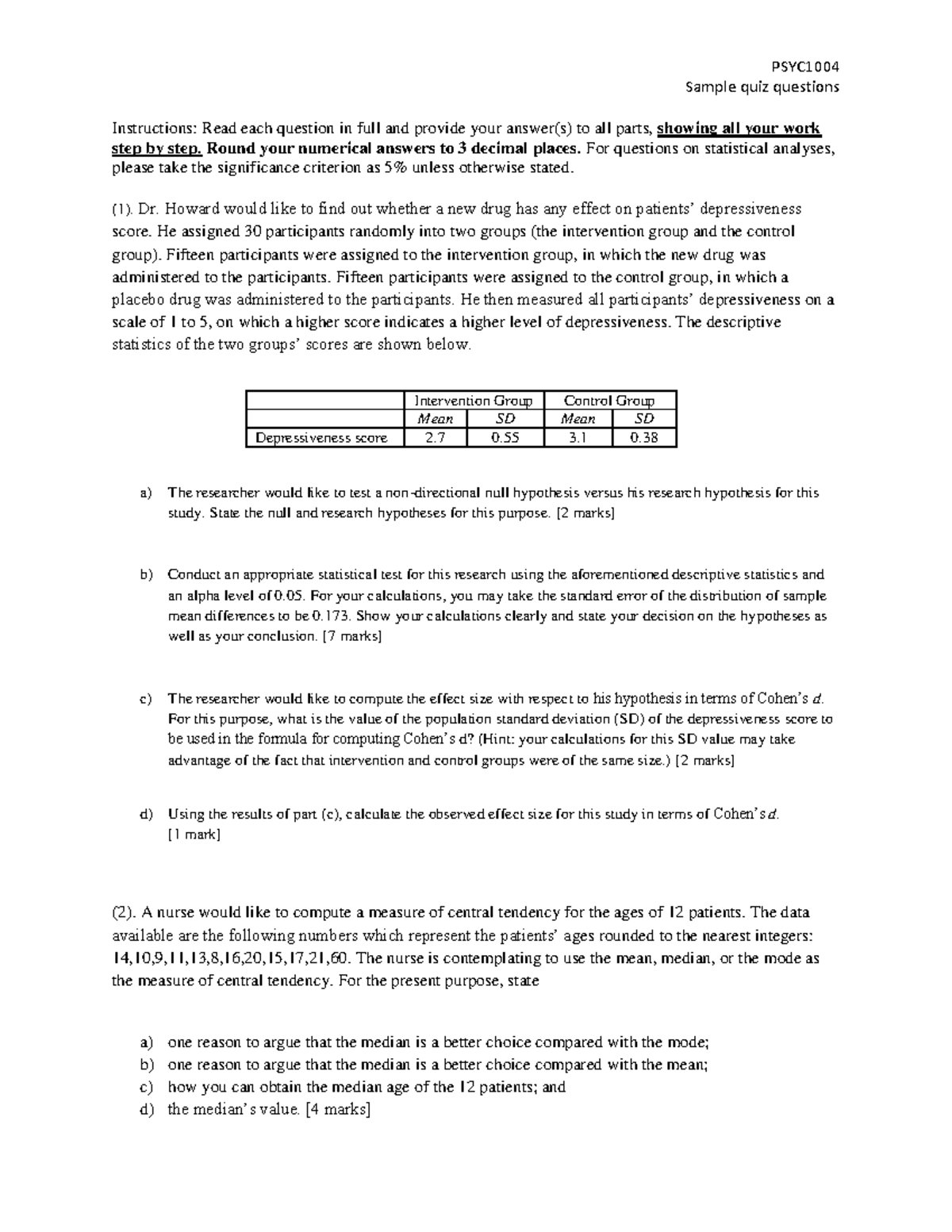 PSYC1004 sample quiz questions - PSYC Sample quiz questions Instructions: Read each question in ...