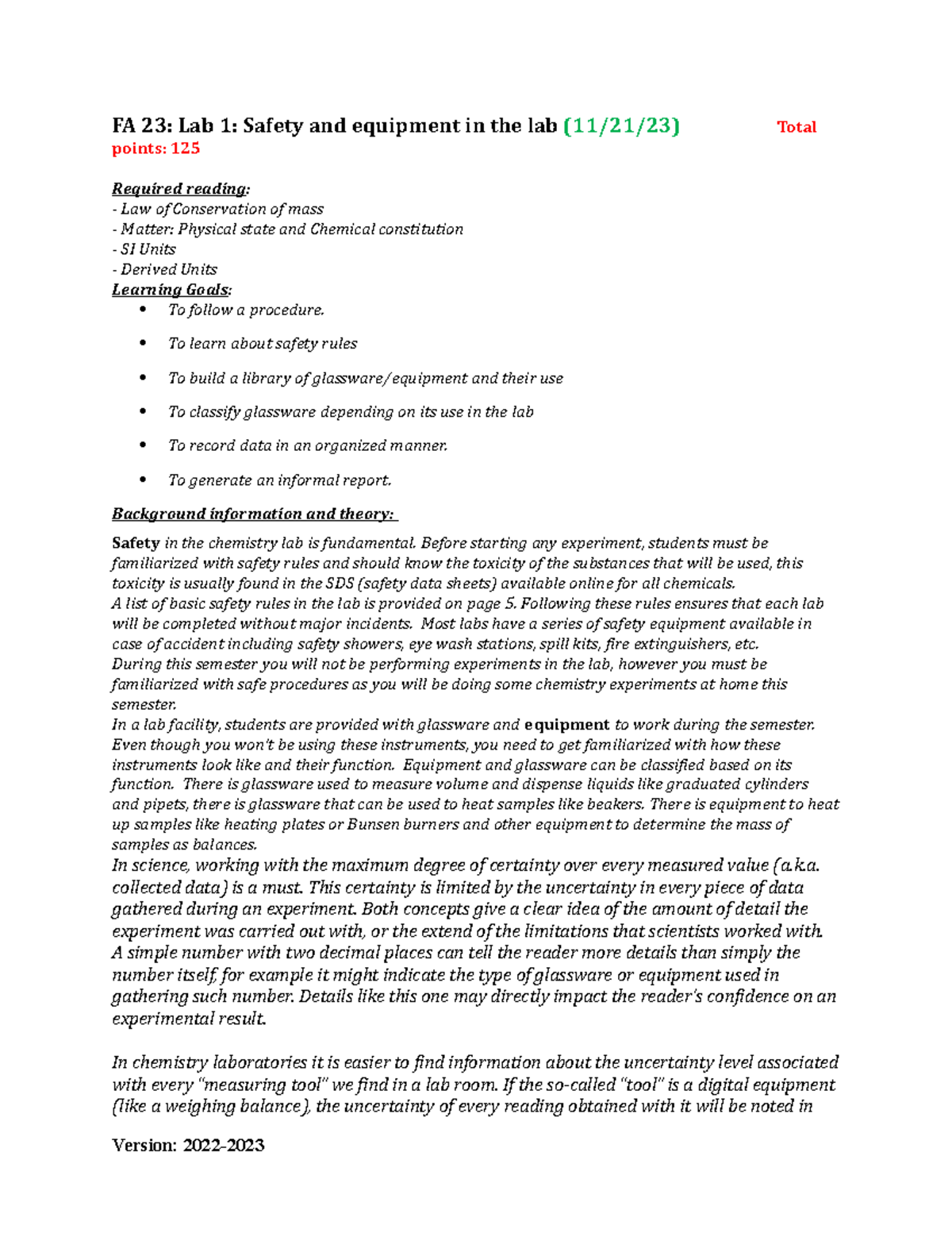 Experiment 1-Safety and Equipment in the Lab 2022-2023 - FA 23: Lab 1 ...