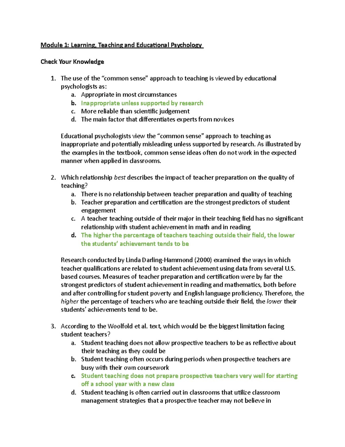 Module 1 - Quiz Prep - quiz prep - Module 1: Learning, Teaching and ...