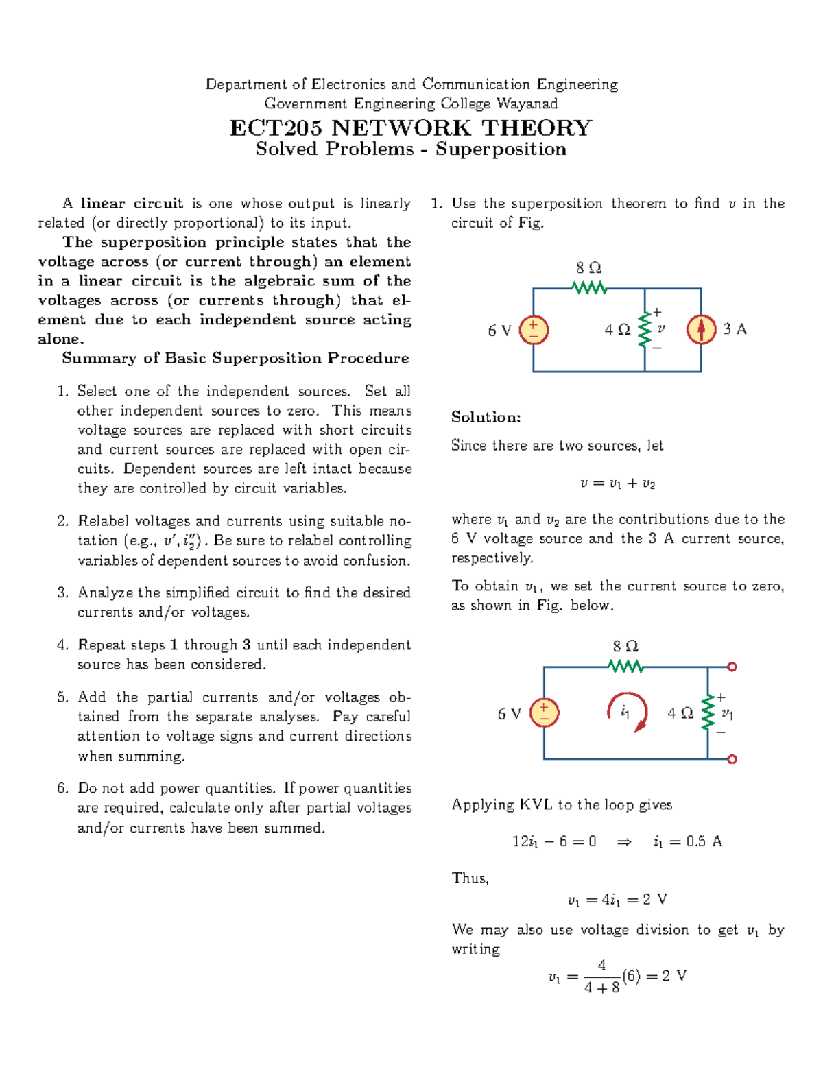 ECT205 Network Theory - Solved Problems - Superposition - Department of Electronics and - Studocu