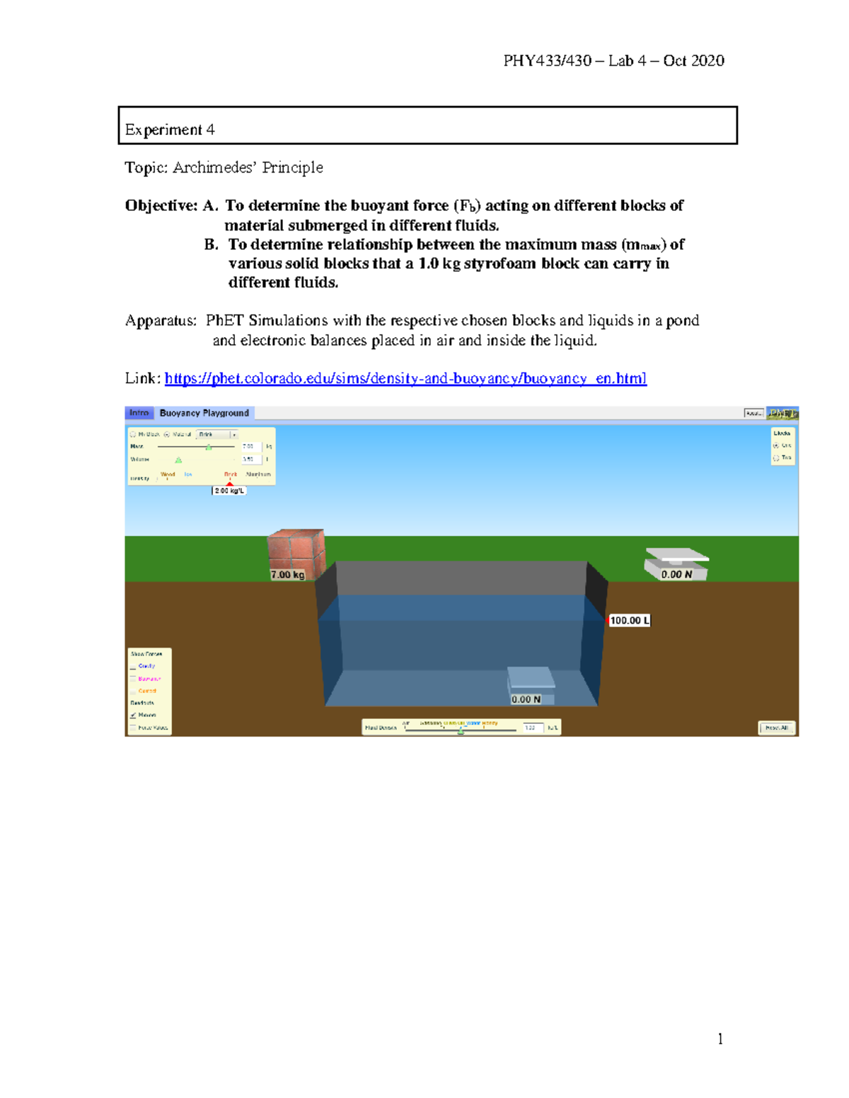 Expt 4 PHY433 430 Ph ET Simulation Archimedes' Principle Oct 2020 ...