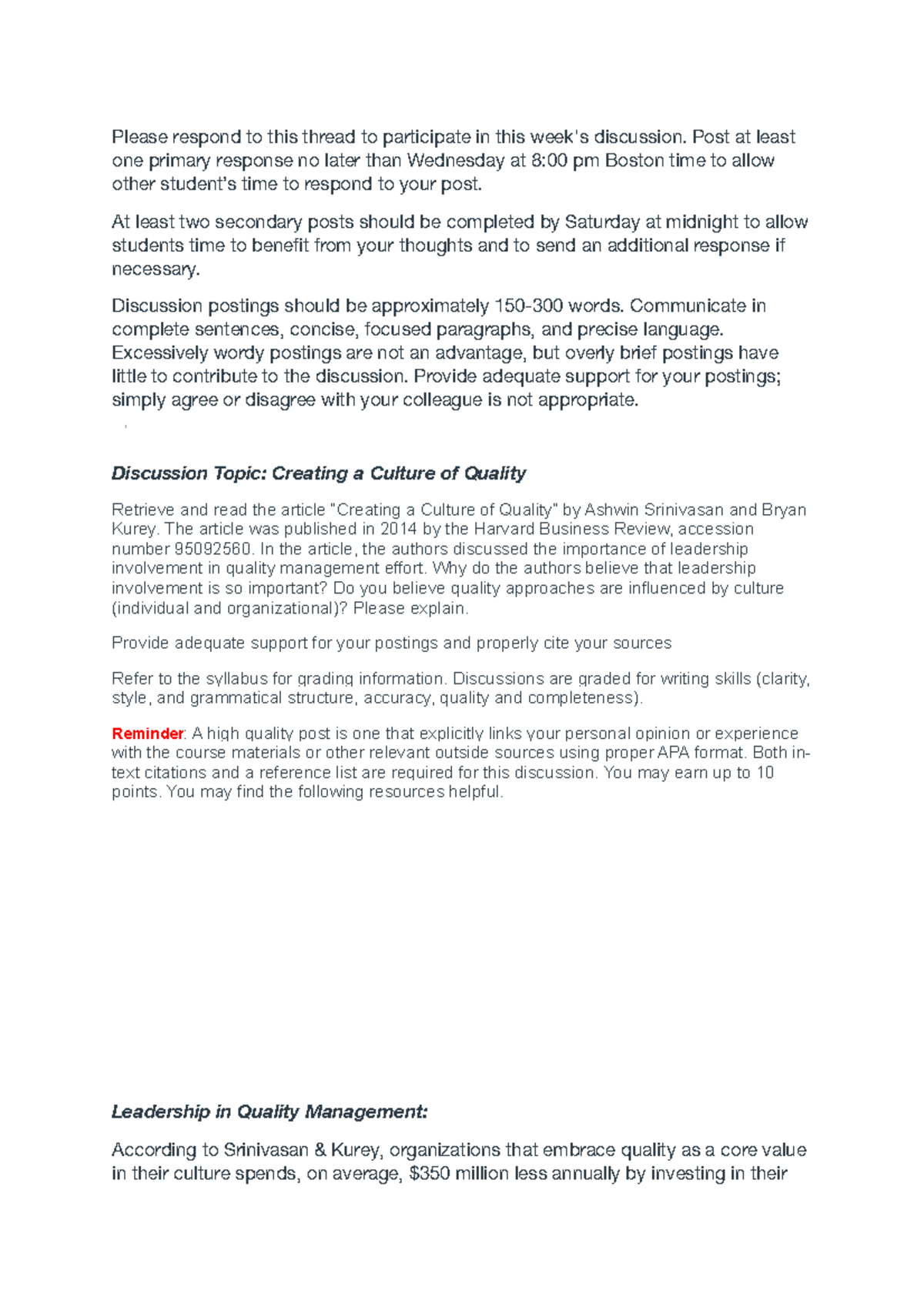 Wk 2 Discussion - Discussion Topic Creating a Culture of Quality ...