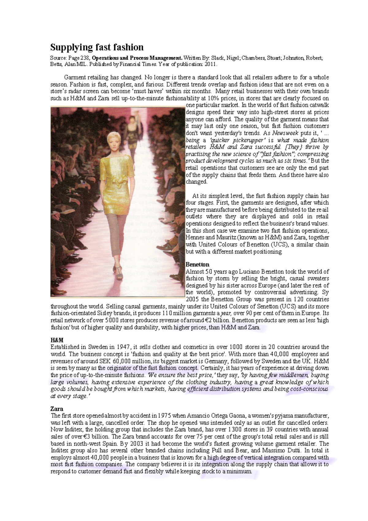 Fast Fashion case study - Supplying fast fashion Source: Page 238 ...