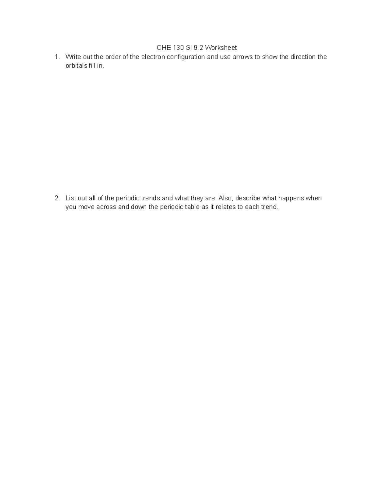 CHE 130 SI 9.2 Worksheet - CHE 130 SI 9 Worksheet Write out the order ...