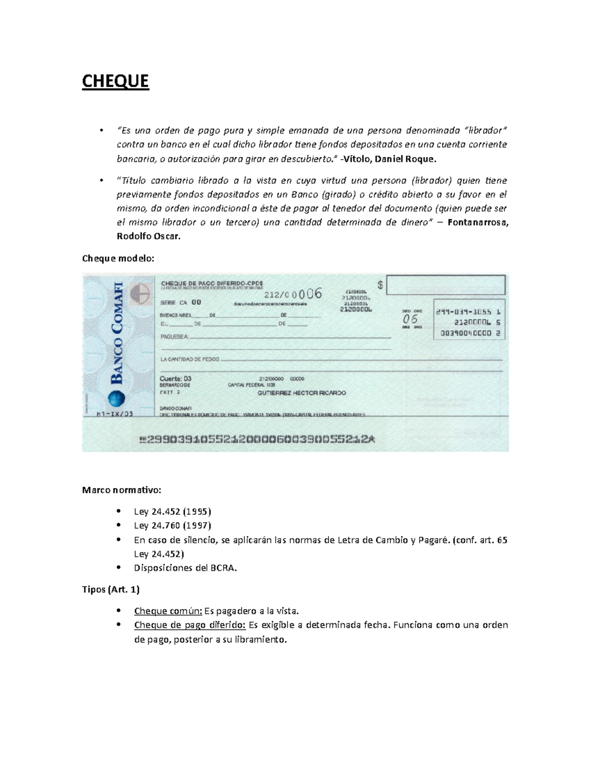 Cheque Power - Apuntes comercial - CHEQUE “Es una orden de pago pura y ...