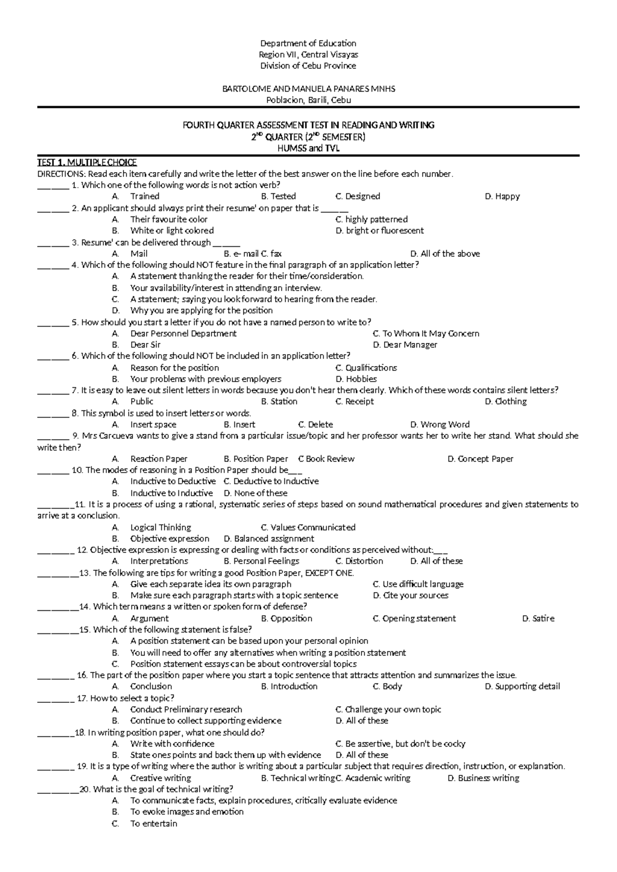 Fourth Quarter Assessment TEST Reading& Writingskills - Department of ...