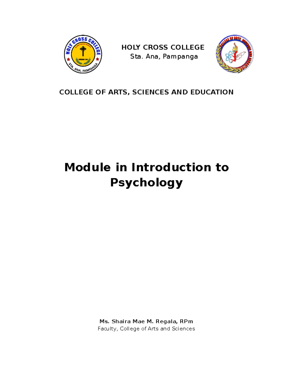 Introduction TO Psychology Module - HOLY CROSS COLLEGE Sta. Ana ...