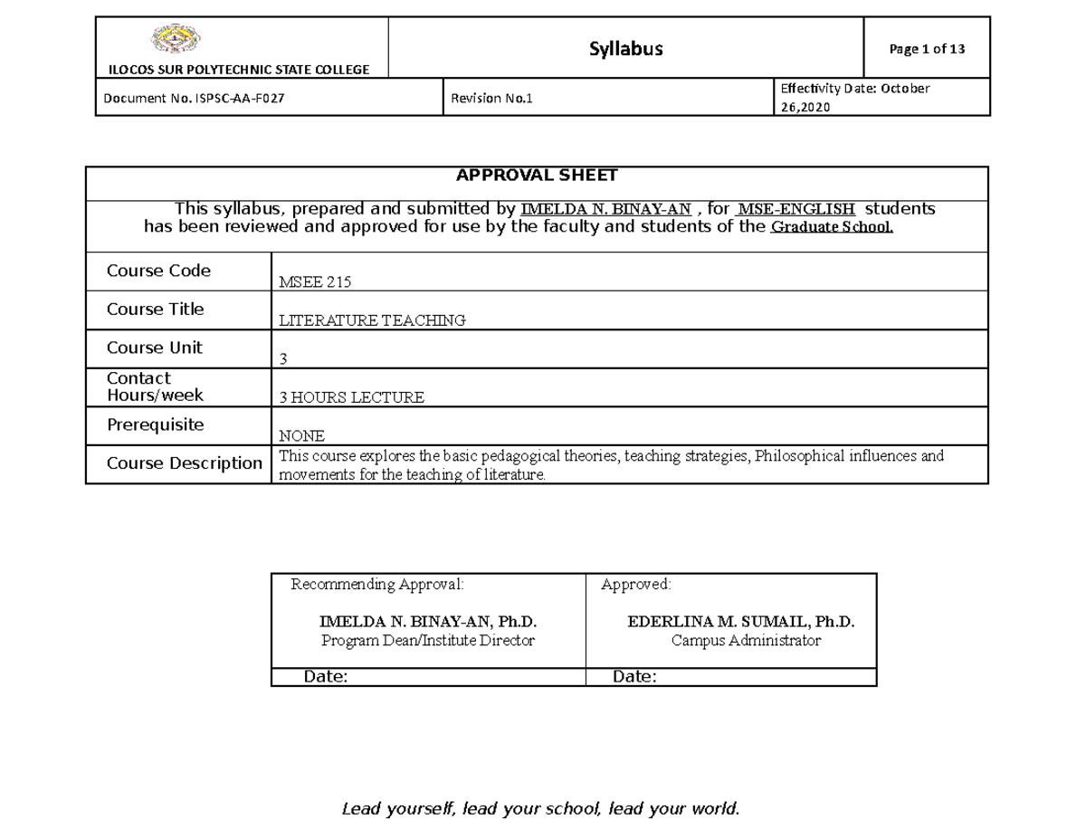 Literature-Teaching-Final - ILOCOS SUR POLYTECHNIC STATE COLLEGE ...