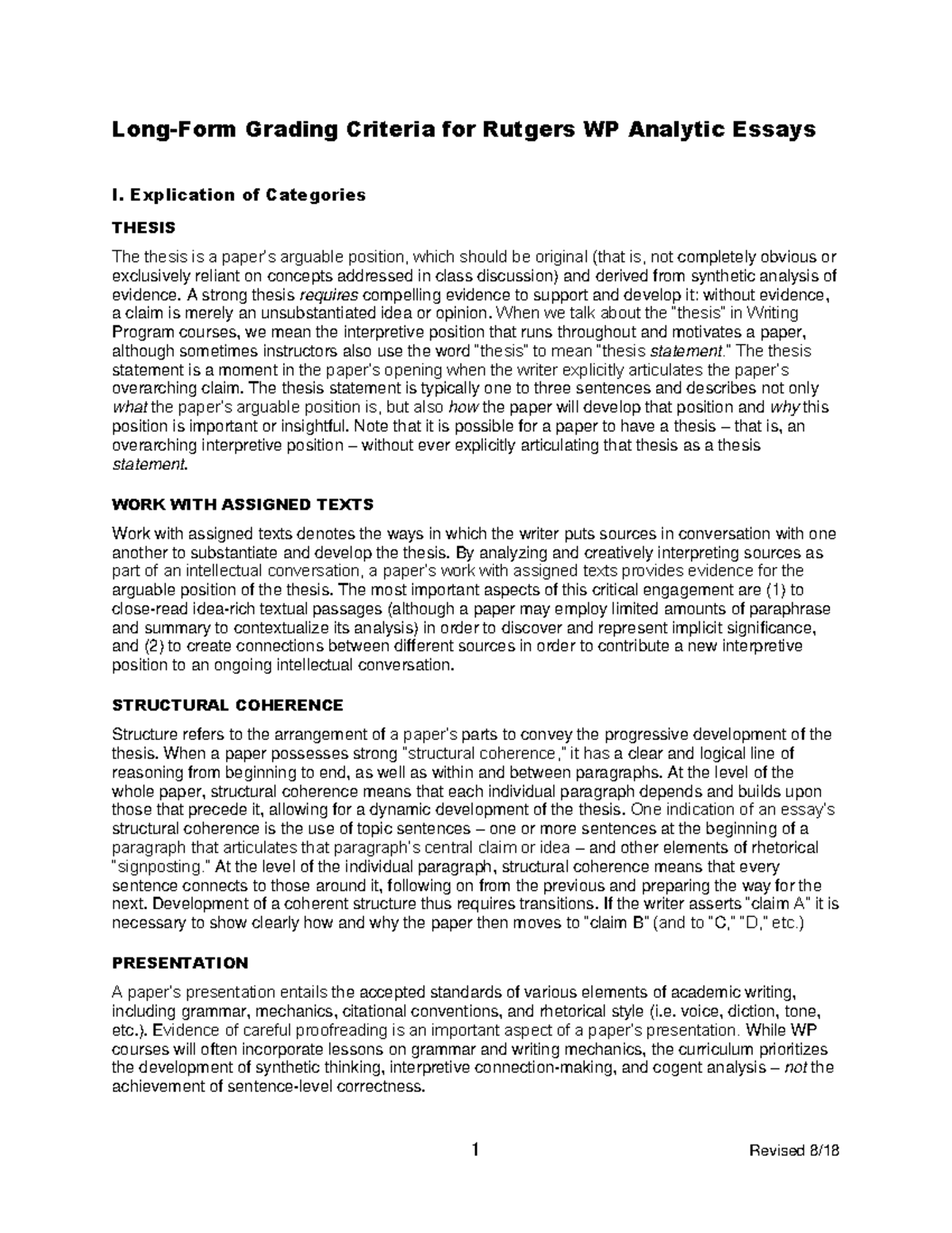 Analytic Essay Long Form Grading Criteria Rutgers WP - Long-Form ...