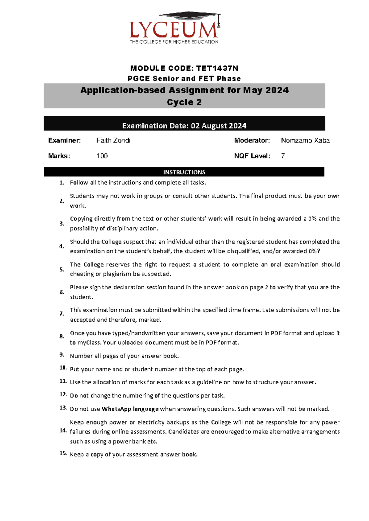 Teaching and Technology TET1437N - MODULE CODE: TET1437N PGCE Senior and FET Phase Application ...