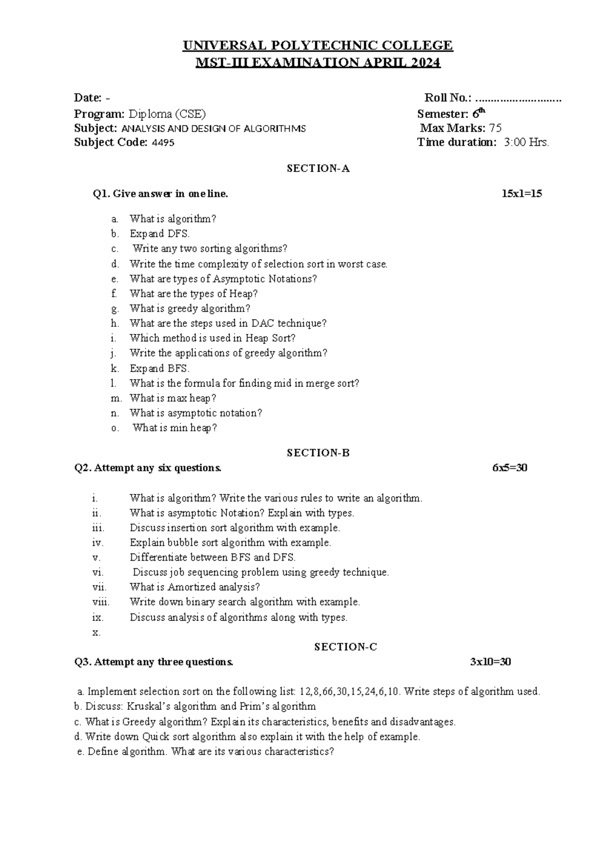 UPC ADA MST- 3 - UNIVERSAL POLYTECHNIC COLLEGE MST-III EXAMINATION ...