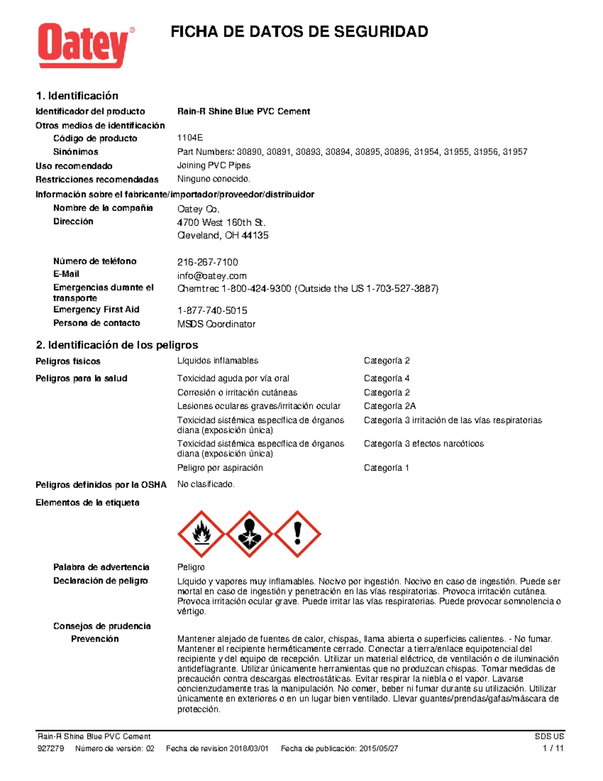 Rain-R Shine Blue PVC Cement Spanish SDS 3-1-18 - FICHA DE DATOS DE ...