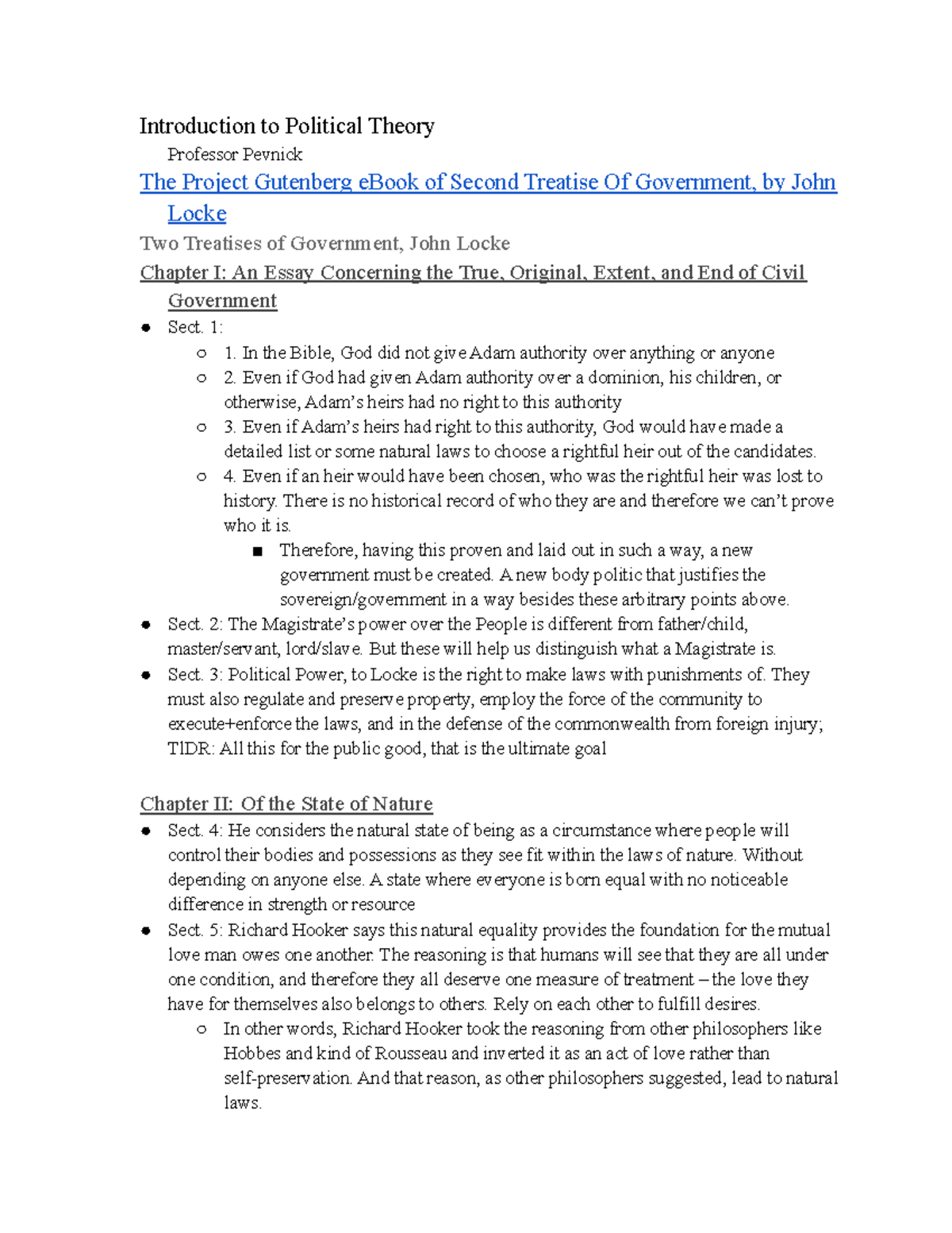 Political Theory Locke - Introduction to Political Theory Professor ...