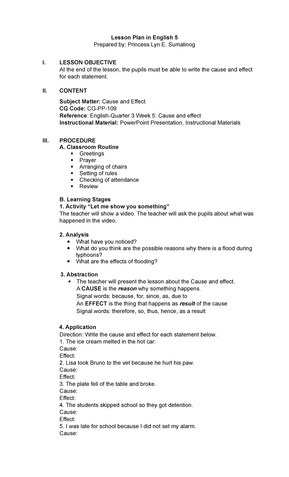 Cause AND Effect English 5 - Copy - Lesson Plan in English 5 Prepared ...