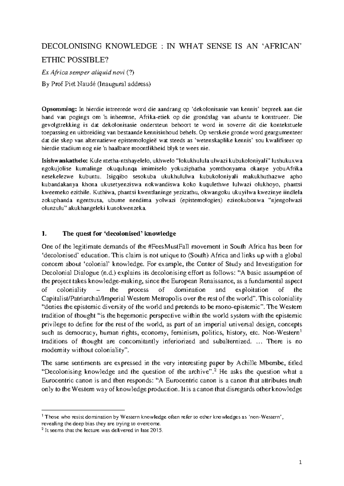 Naude decolonising 2017 - DECOLONISING KNOWLEDGE : IN WHAT SENSE IS AN ...