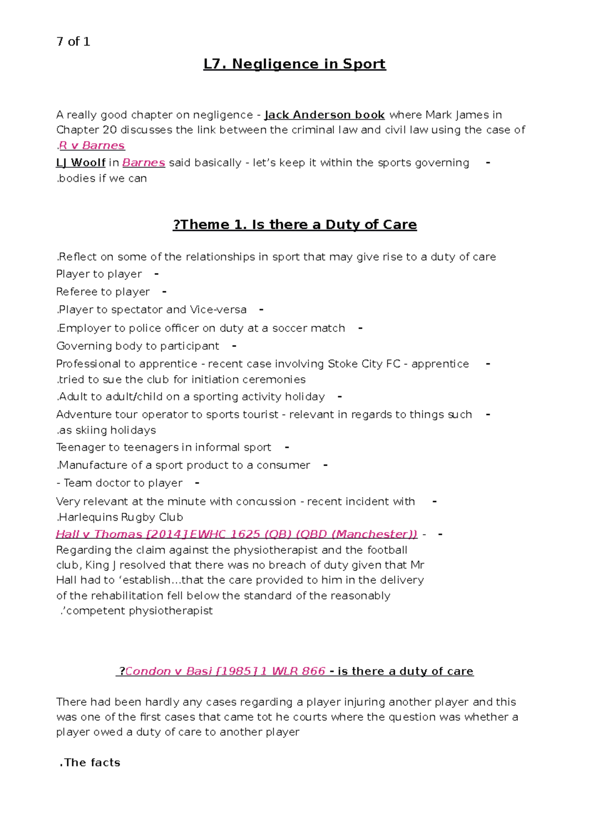 L7. Negligence in Sport - L7. Negligence in Sport A really good chapter ...