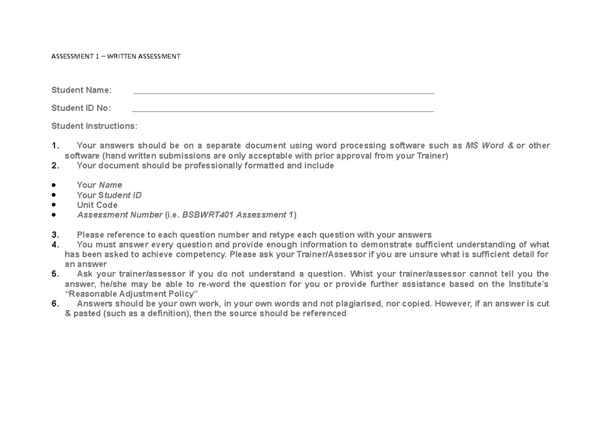 Write complex text document Assessment - ASSESSMENT 1 – WRITTEN ...
