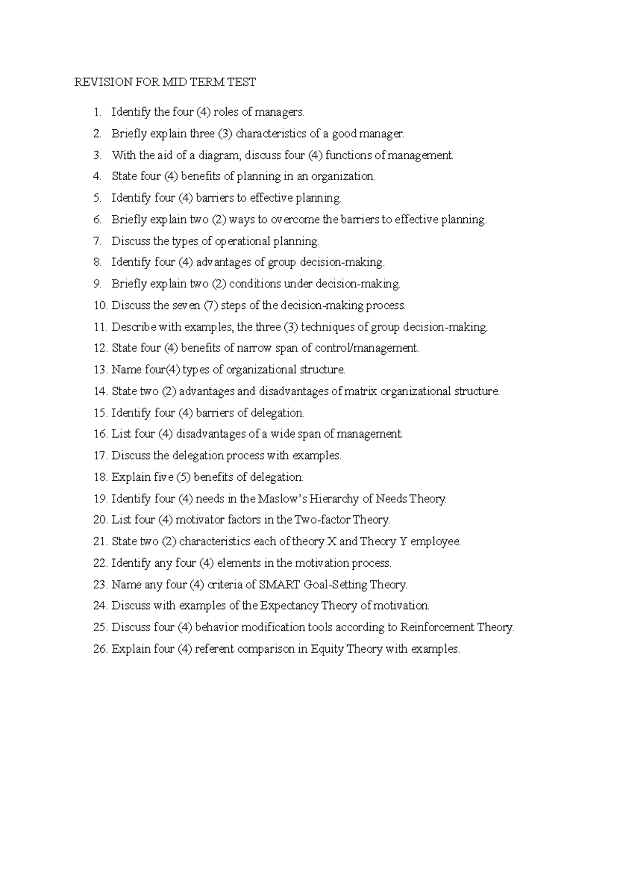 Revision FOR MID TERM TEST - REVISION FOR MID TERM TEST Identify the ...