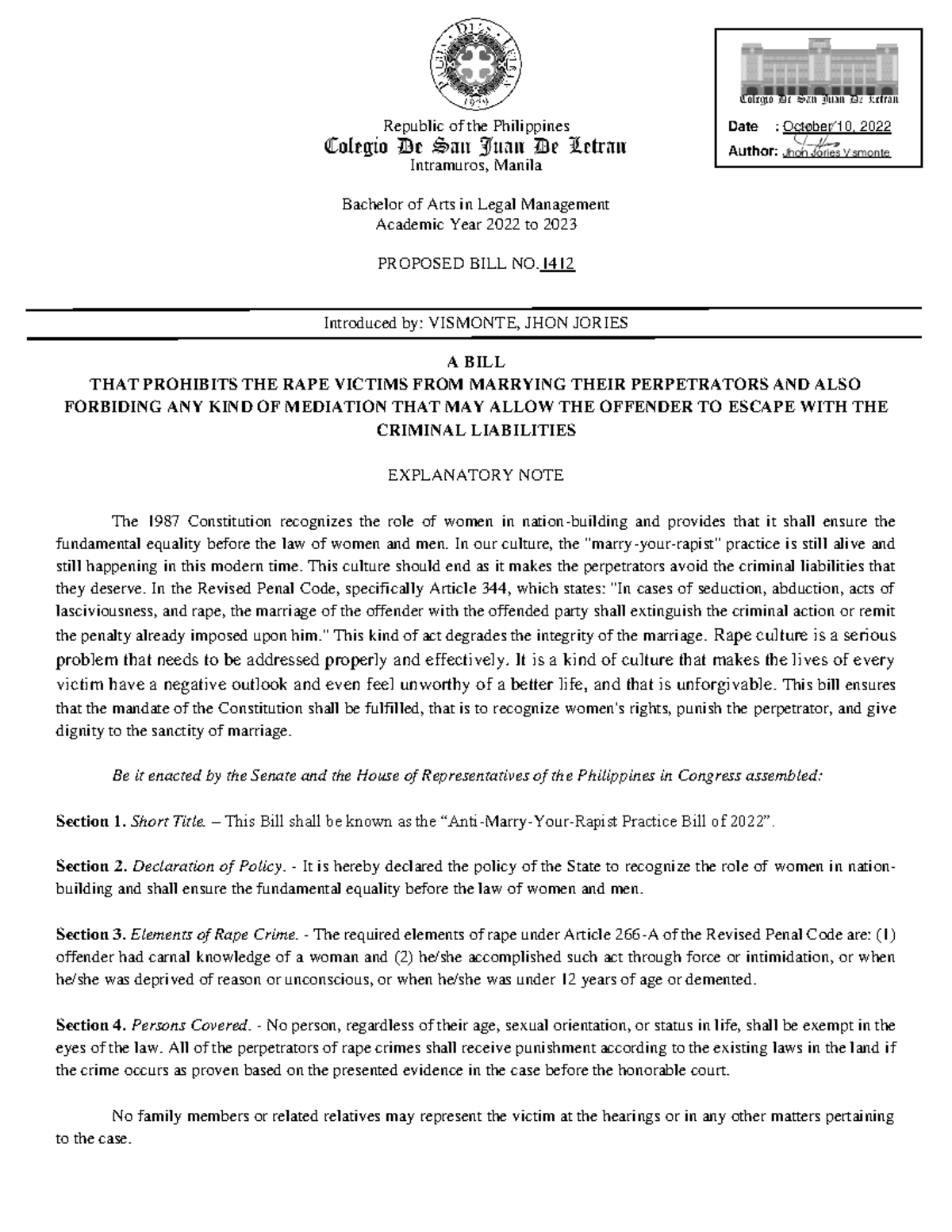 Anti-Marry-Your-Rapist Practice Bill of 2022 - Date : October 10, 2022 ...