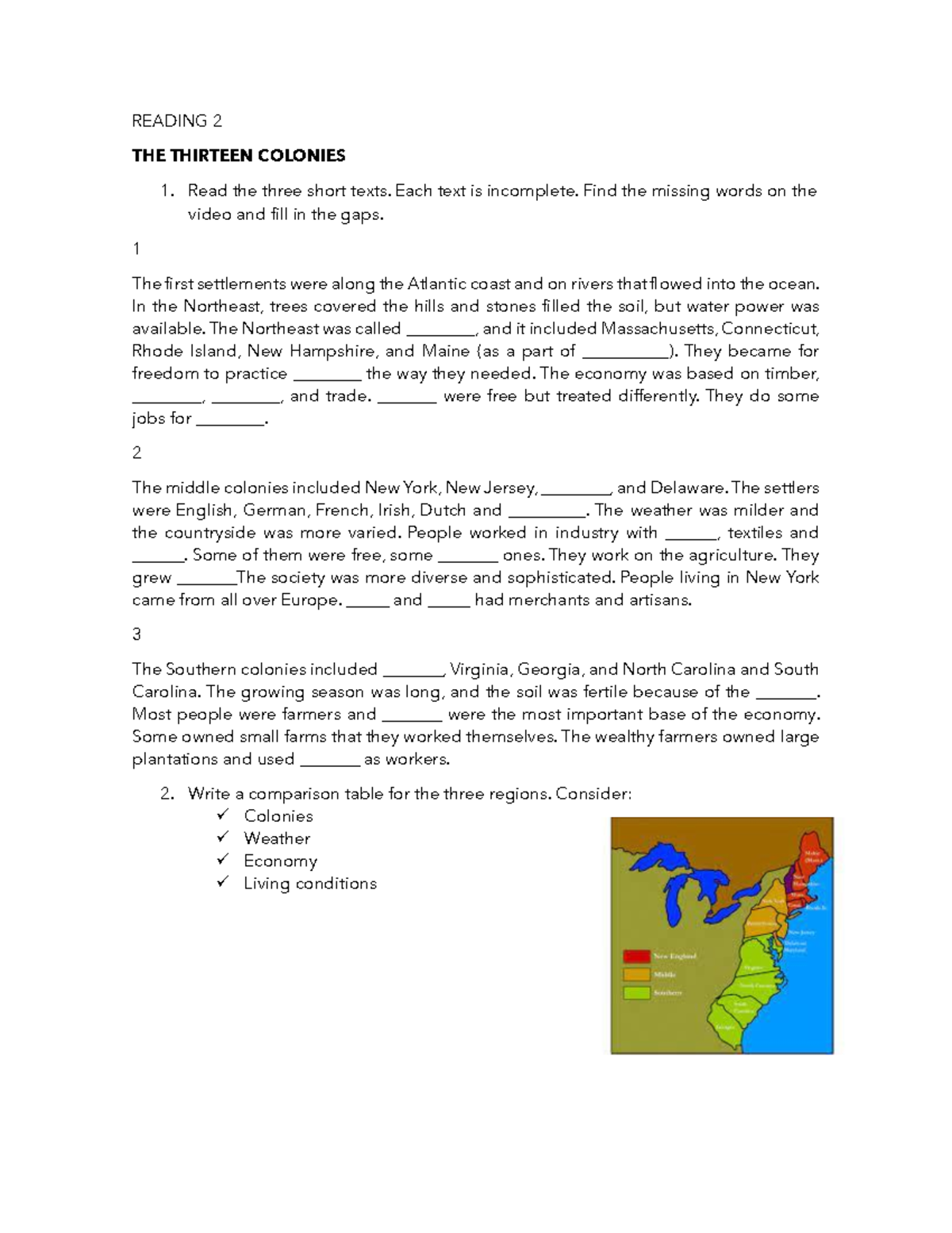 Reading class 2 - book - READING 2 THE THIRTEEN COLONIES Read the three ...