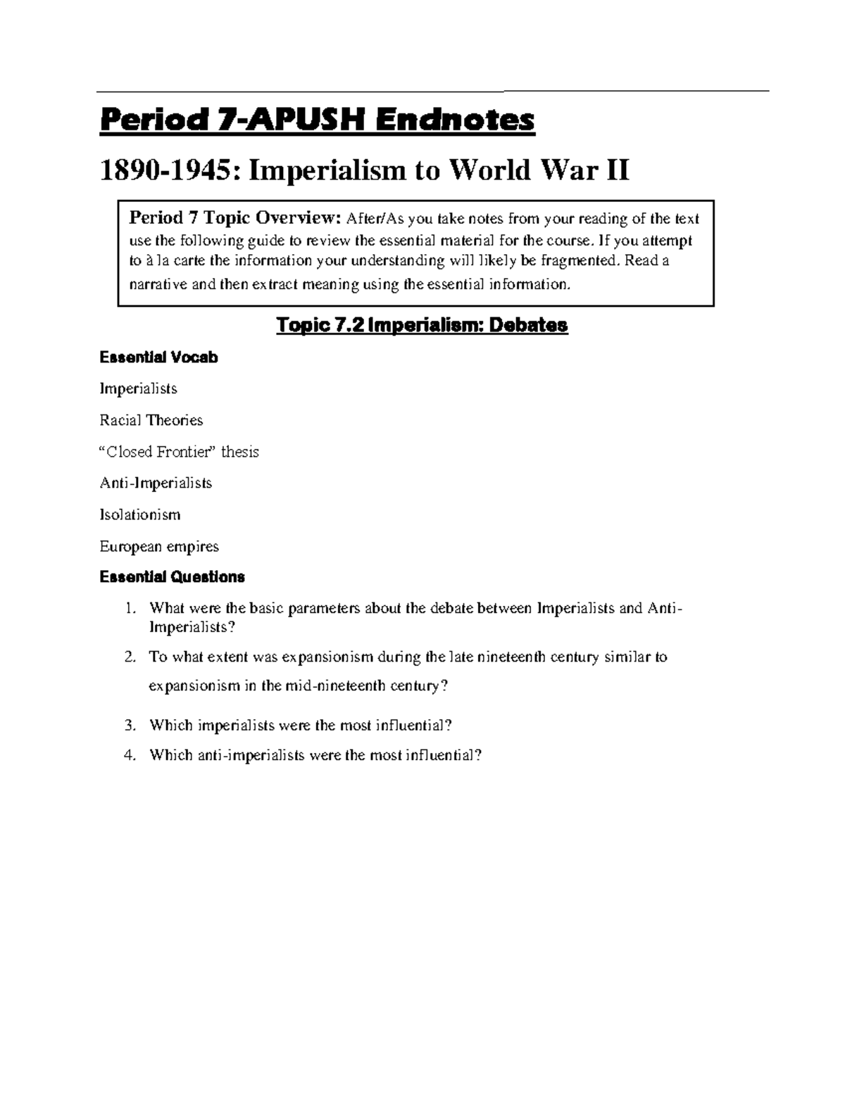 Period 7 Endnotes - Period 7 - APUSH Endnotes 1890 - 1945 : Imperialism ...