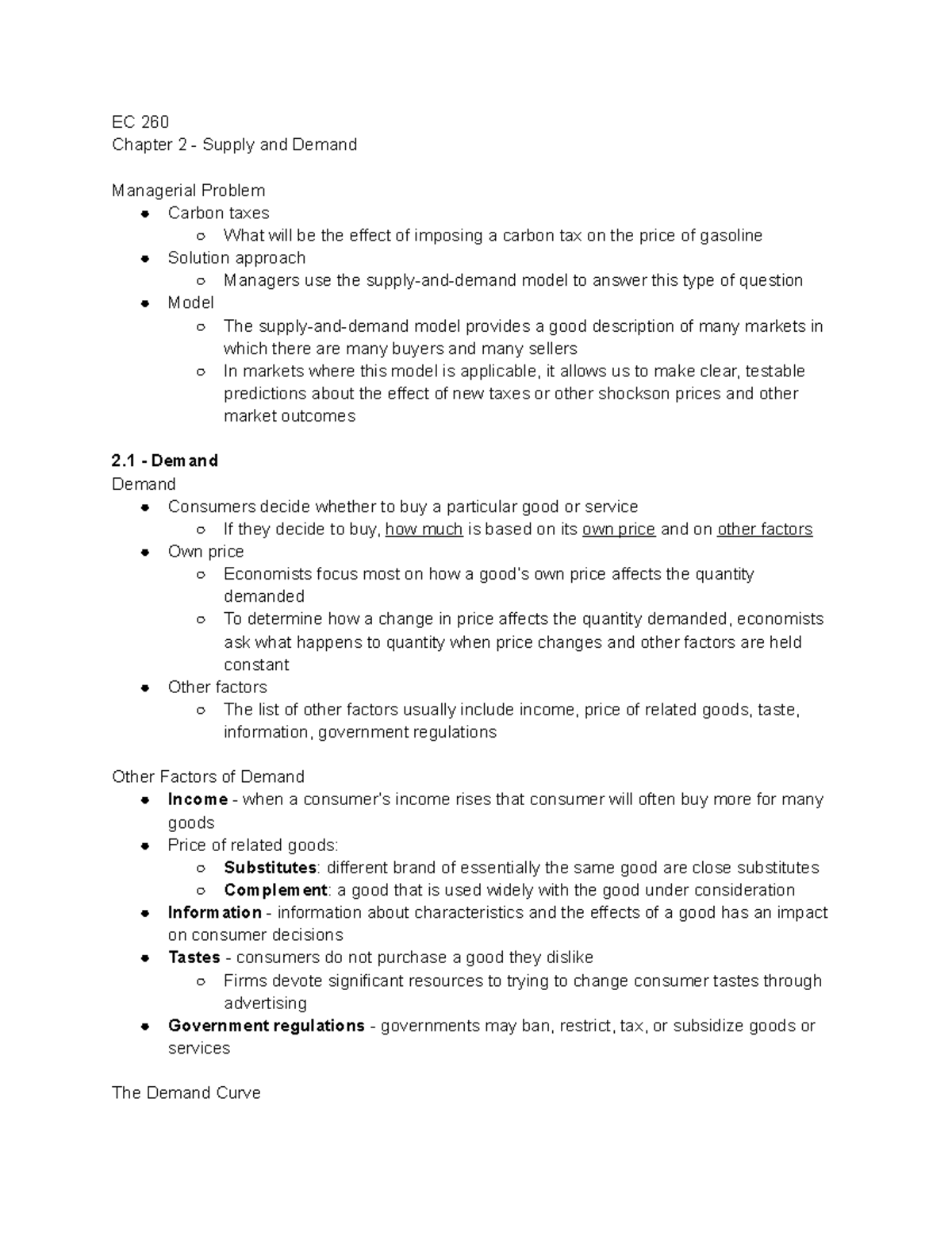 EC 260 - Chapter 2 Supply and Demand - EC 260 Chapter 2 - Supply and ...