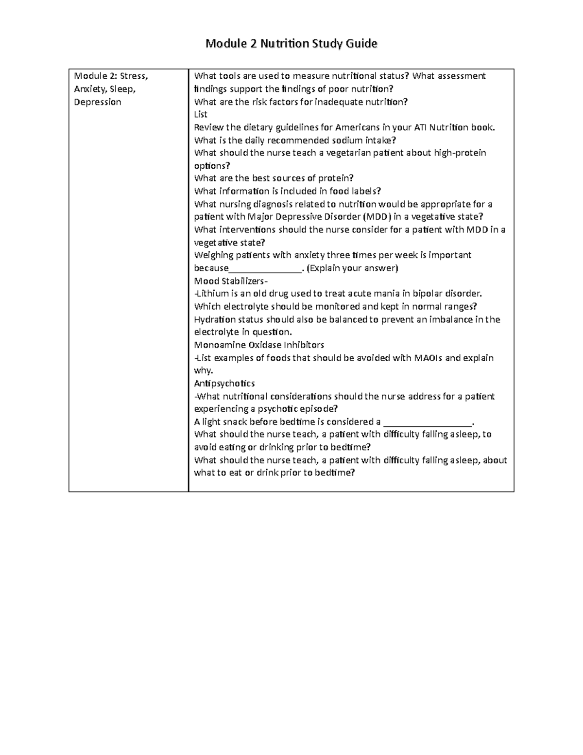 Adult Theory Module 2 Nutrition Study Guide - Module 2 NutriƟon Study ...