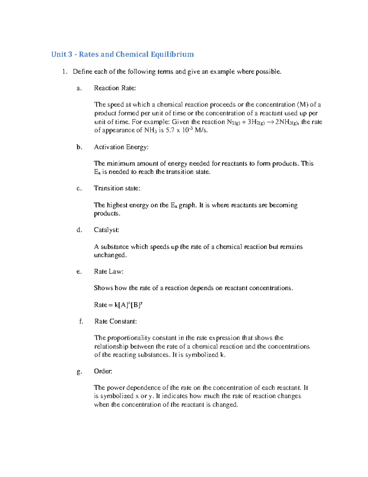 Unit 3.0 Student Workbook Key - Unit 3 - Rates and Chemical Equilibrium ...