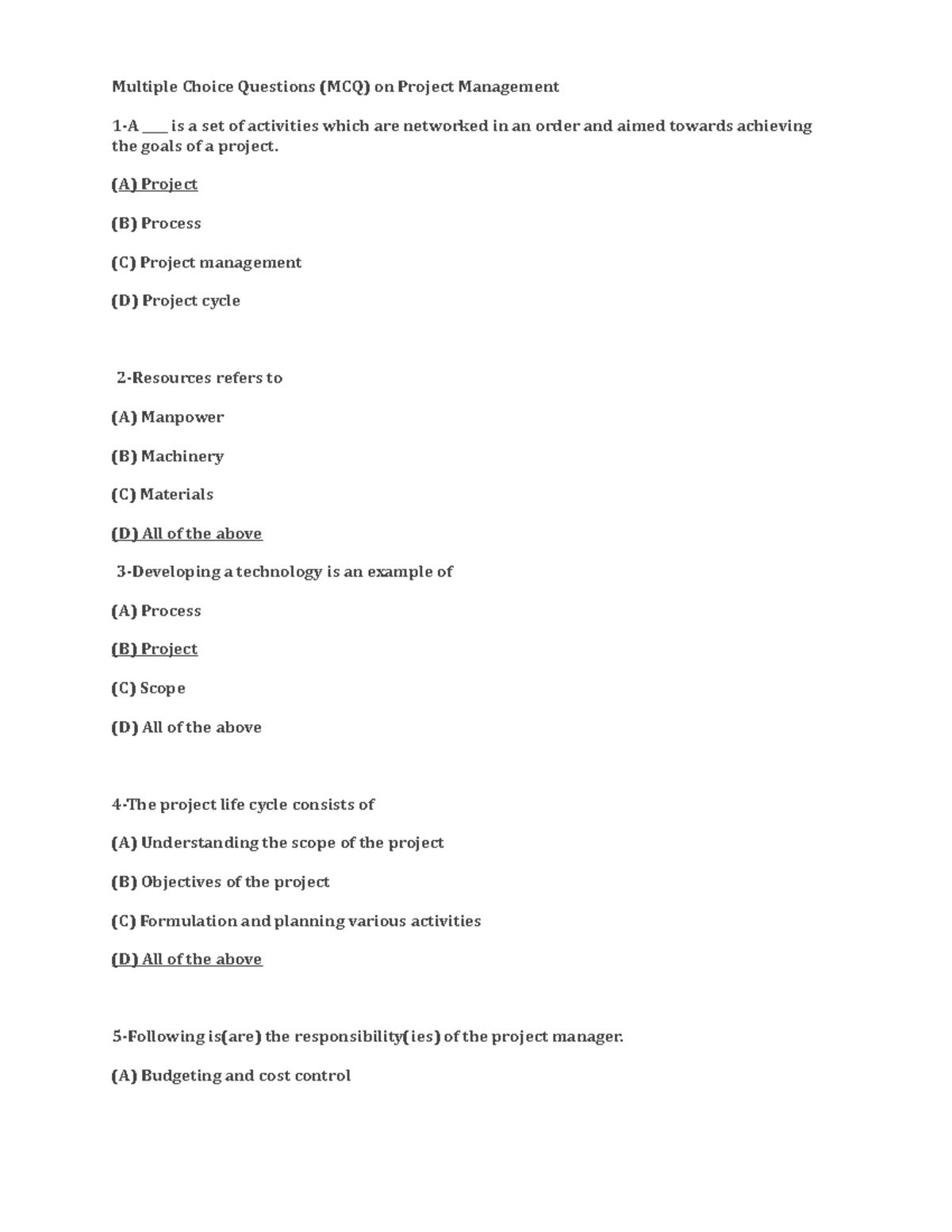Project Management - notes - Multiple Choice Questions (MCQ) on Project ...