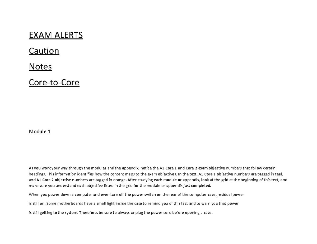 EXAM Alerts - other - EXAM ALERTS Caution Notes Core-to-Core Module 1 ...