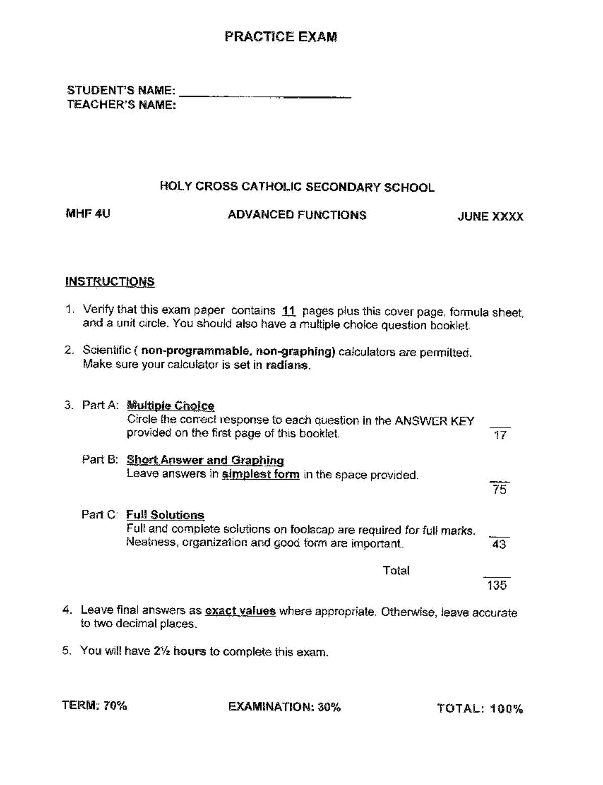 MHF 4U Practice Exam - ;ihv - Studocu