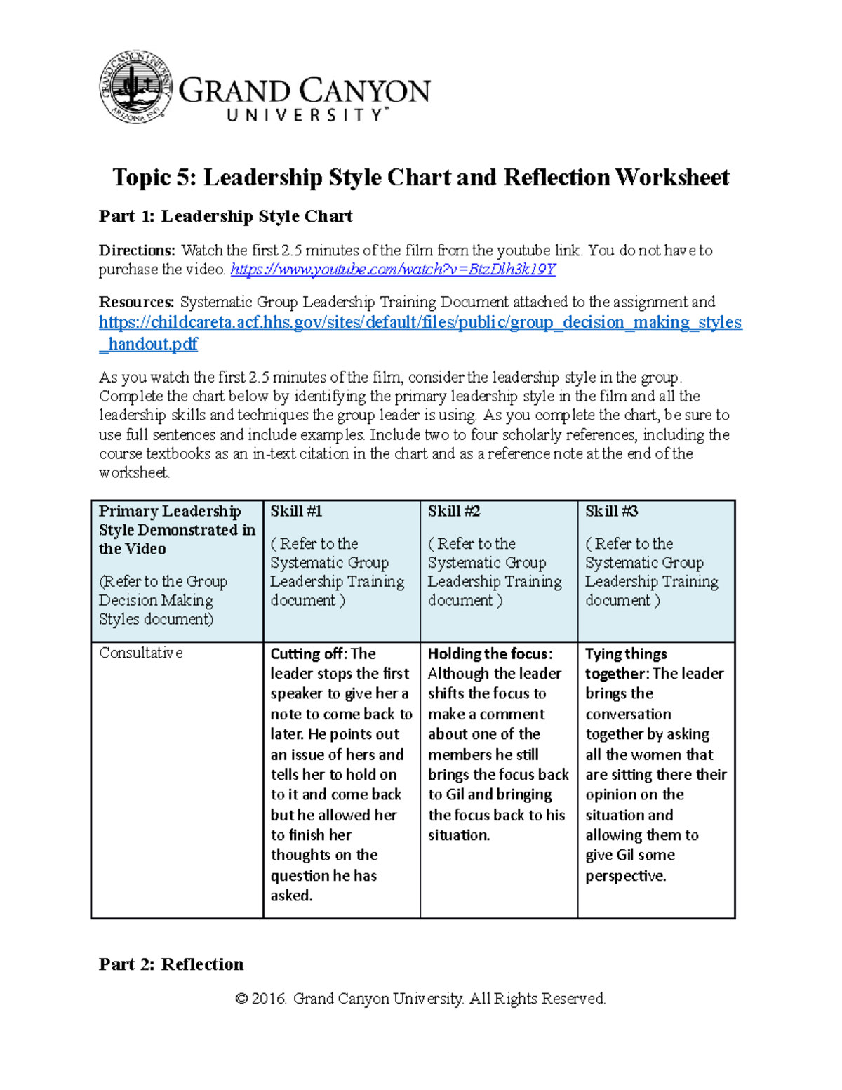 LeadershipStyleChartAndReflectionWorksheet - BHS-240 - GCU - Studocu