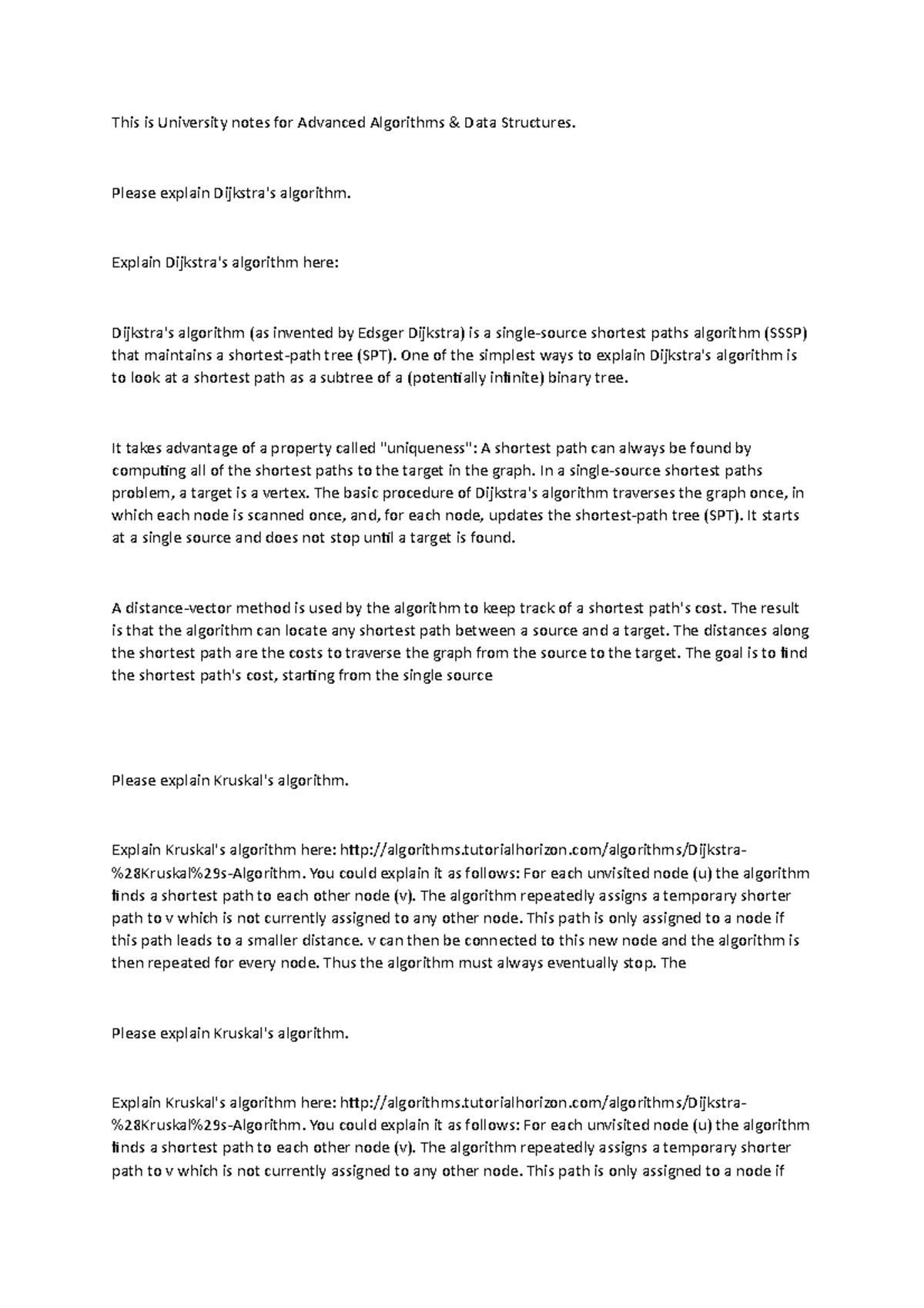 Dijkstra's algorithm and Kruals Lecture notes - This is University ...