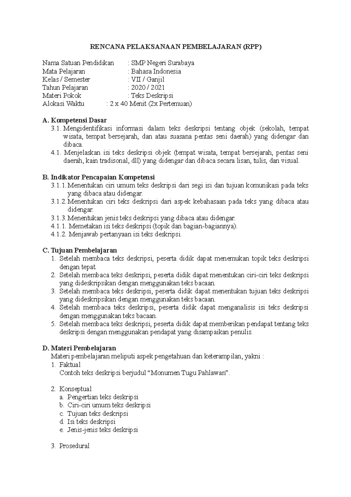 Desain Instruksional-RPP Bahasa Indonesia Teks Deskripsi KD Ganjil ...