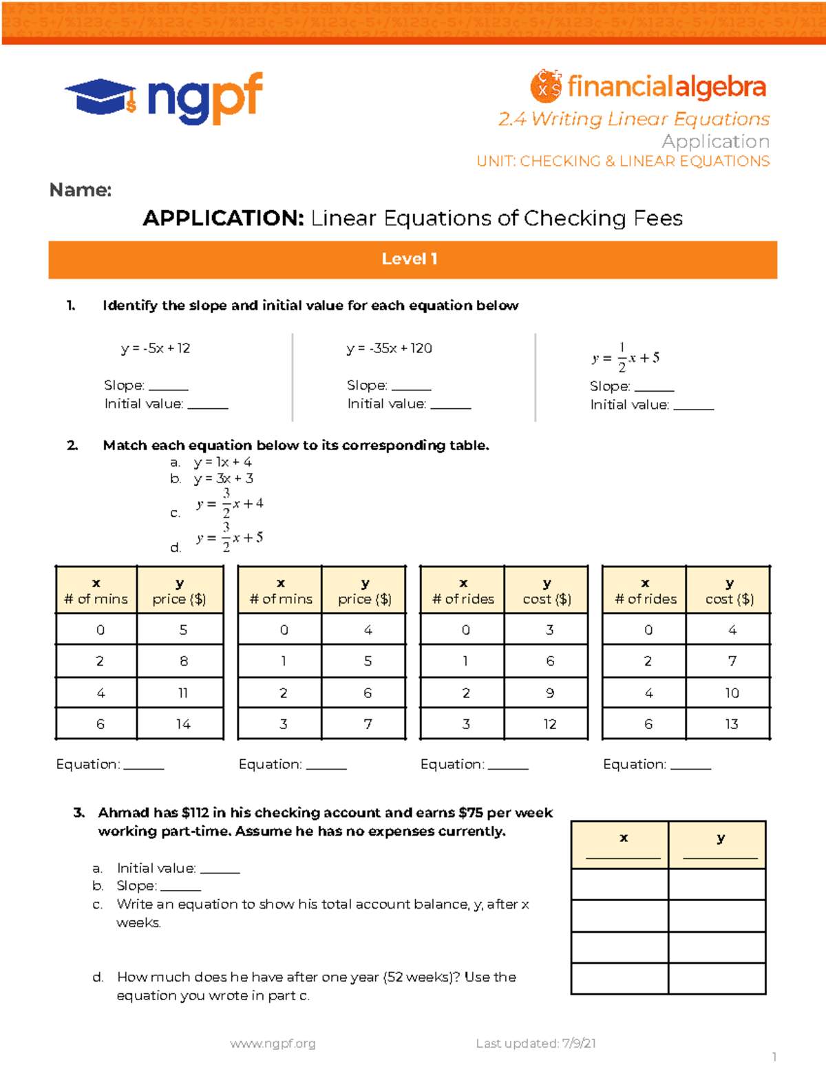 Tristan Carlin - FA Lesson 2.4 Practice - 2 Writing Linear Equations ...